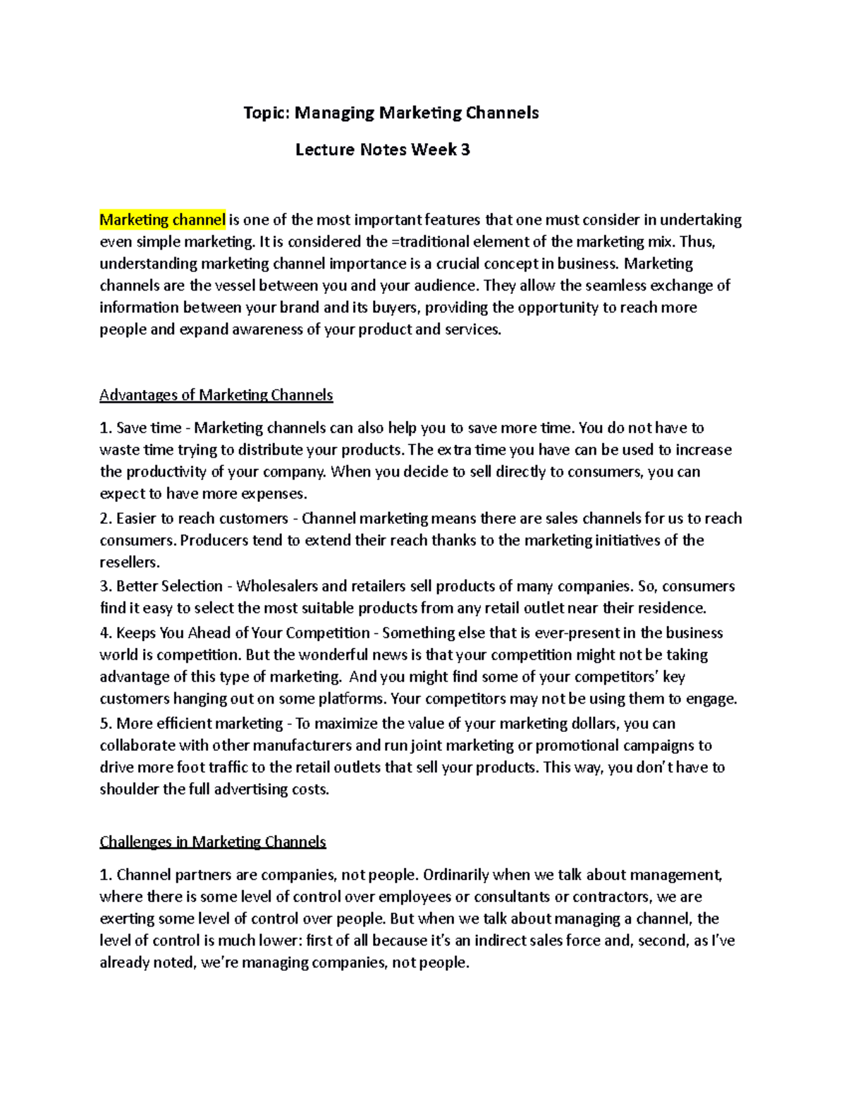 Marketing Channels - Topic: Managing Marketing Channels Lecture Notes ...