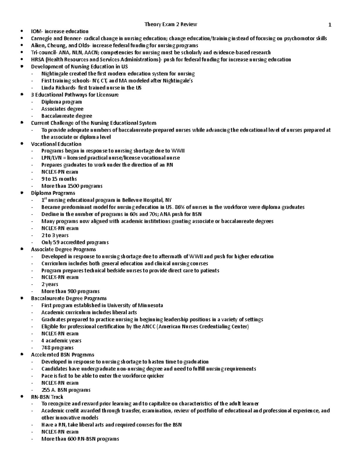 Professor Conlon-Yoo Nursing Theory Exam 2 - IOM- increase education ...