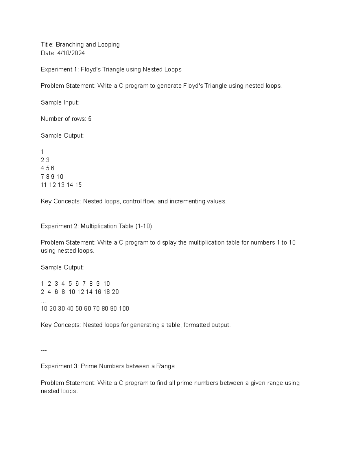 Branching and Looping - notes - Title: Branching and Looping Date :4/10 ...