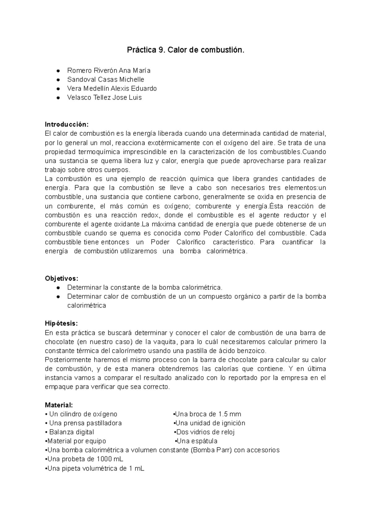 Práctica 9. Calor de combustión - Práctica 9. Calor de combustión ...