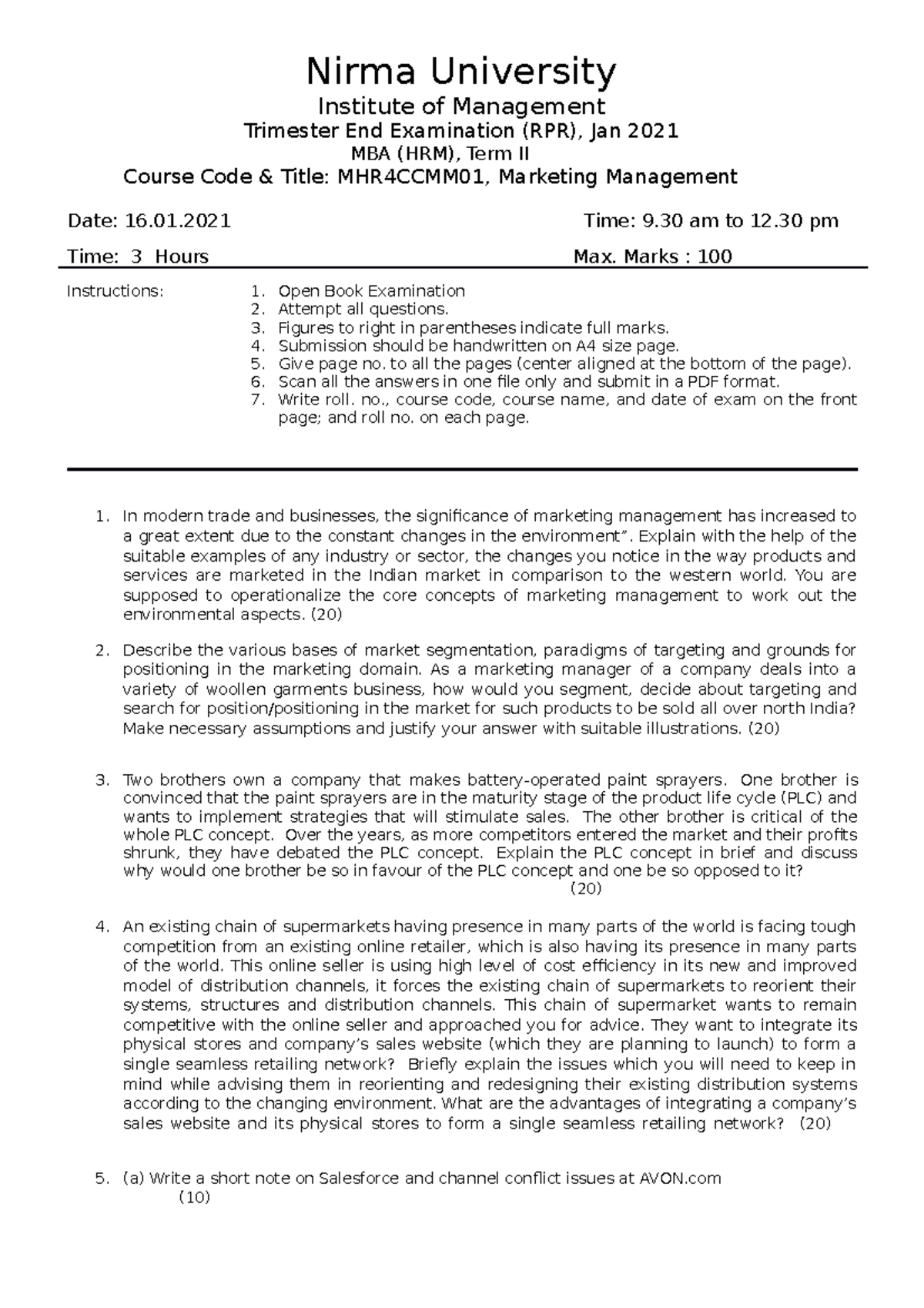 Question Paper MHR4CCMM01 MM - Nirma University Institute of Management ...