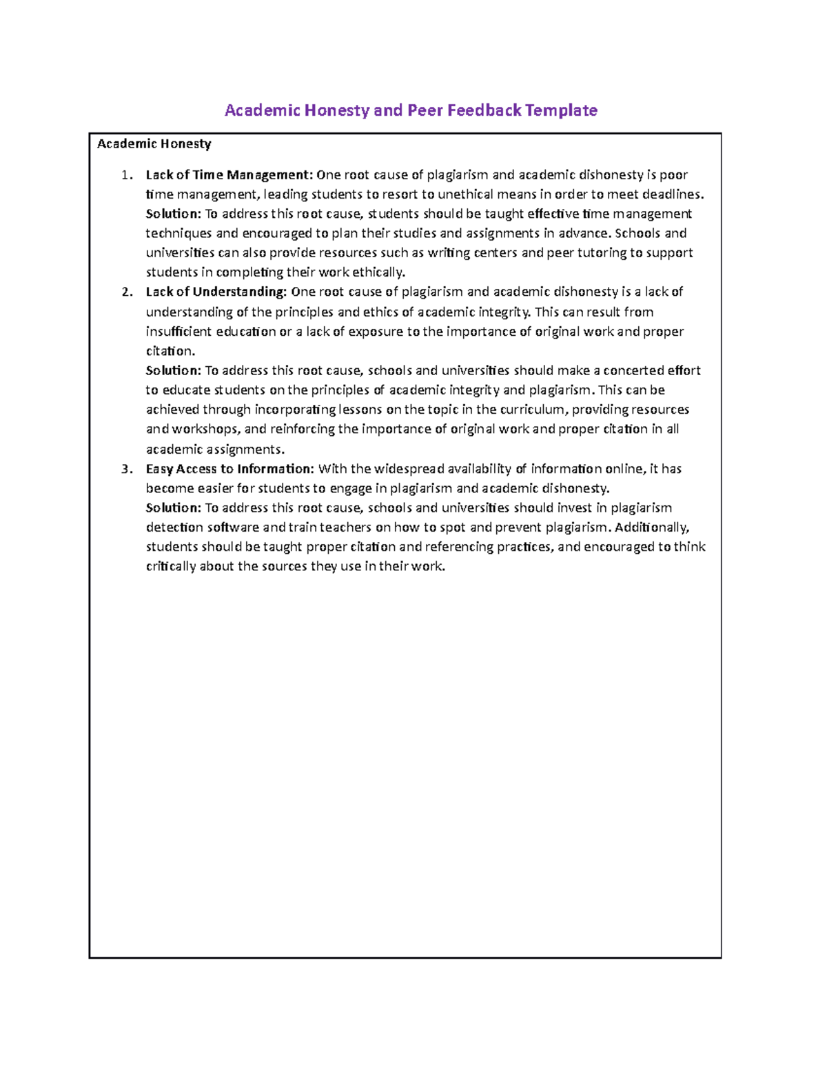 Academic Honesty and Peer Feedback Template - Solution: To address this ...