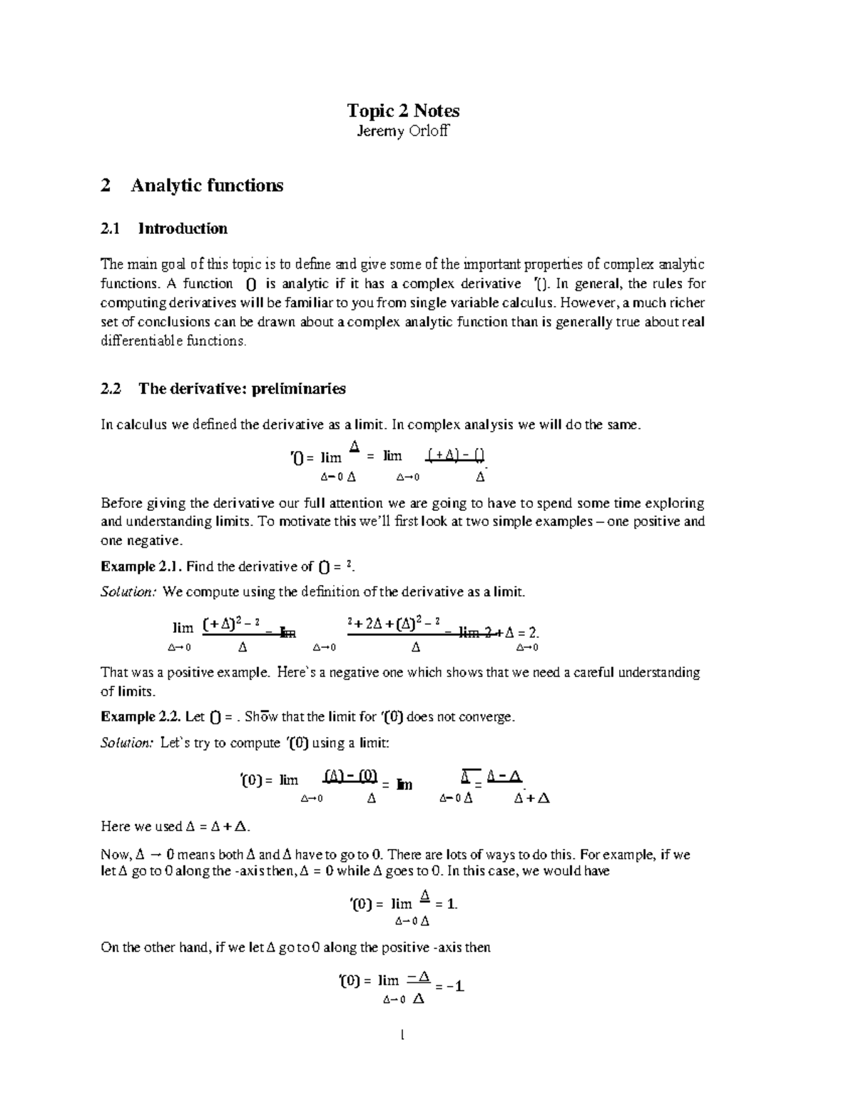 Analytic Functions - Topic 2 Notes Jeremy Orloff 2 Analytic functions 2 ...