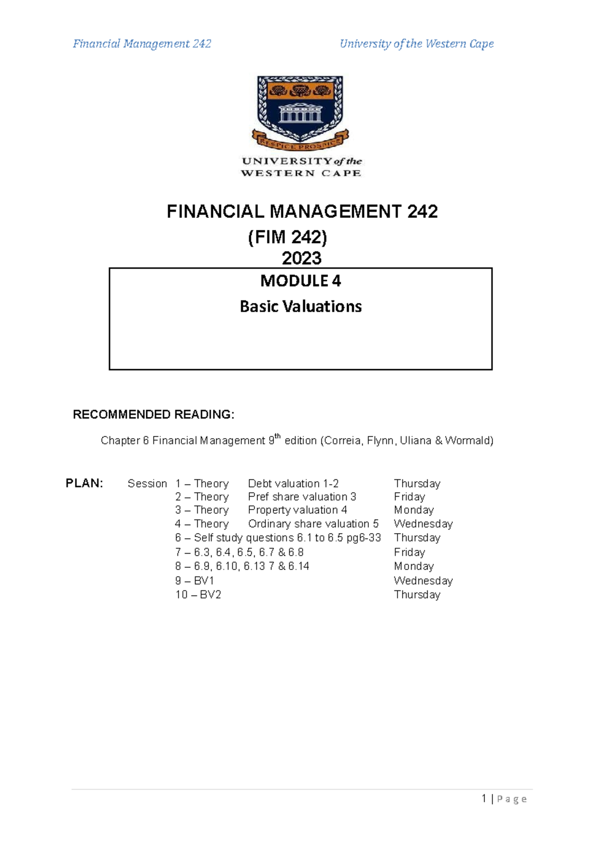 FIM 242 Module 4 Basic Valuations 2023 - FINANCIAL MANAGEMENT 242 (FIM ...