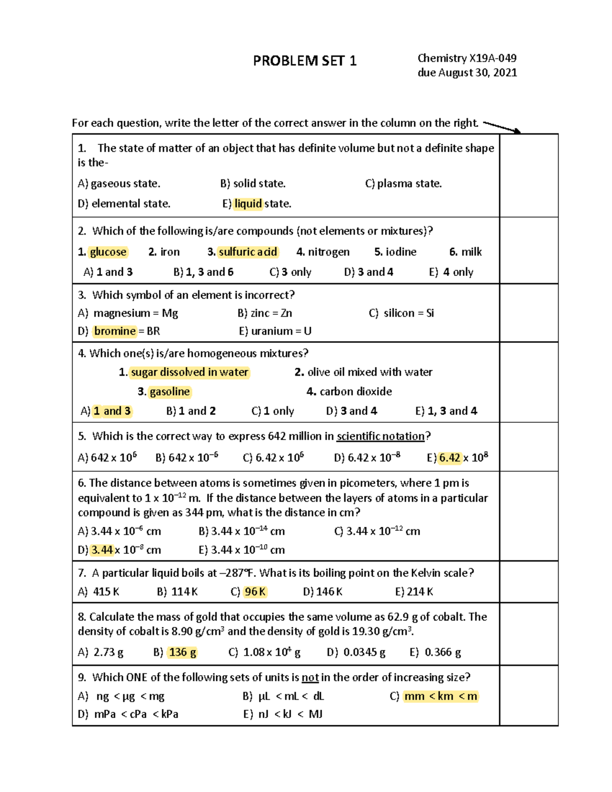 Problem Set 1 GC1 F21 w answers - PROBLEM SET 1 Chemistry X19A- 049 due August 3 0 , 2021 For ...