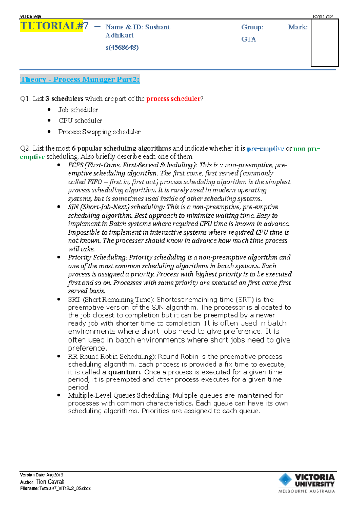 Tutorial7 Operating Systems - VU College Page 1 of Version Date: Aug ...
