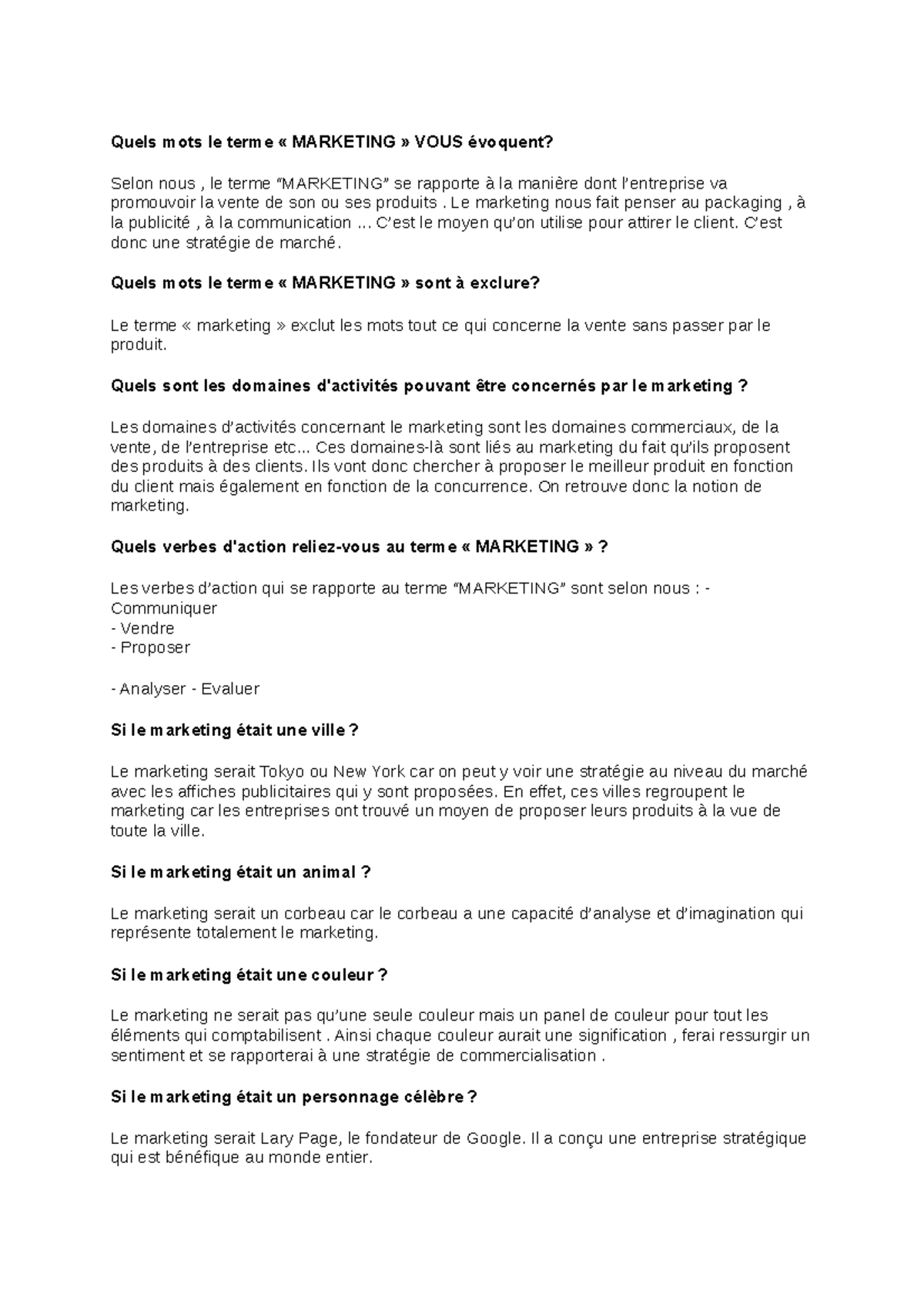 Td introduction - Marketing L2 Aes - Quels mots le terme « MARKETING » VOUS é voquent? Selon ...