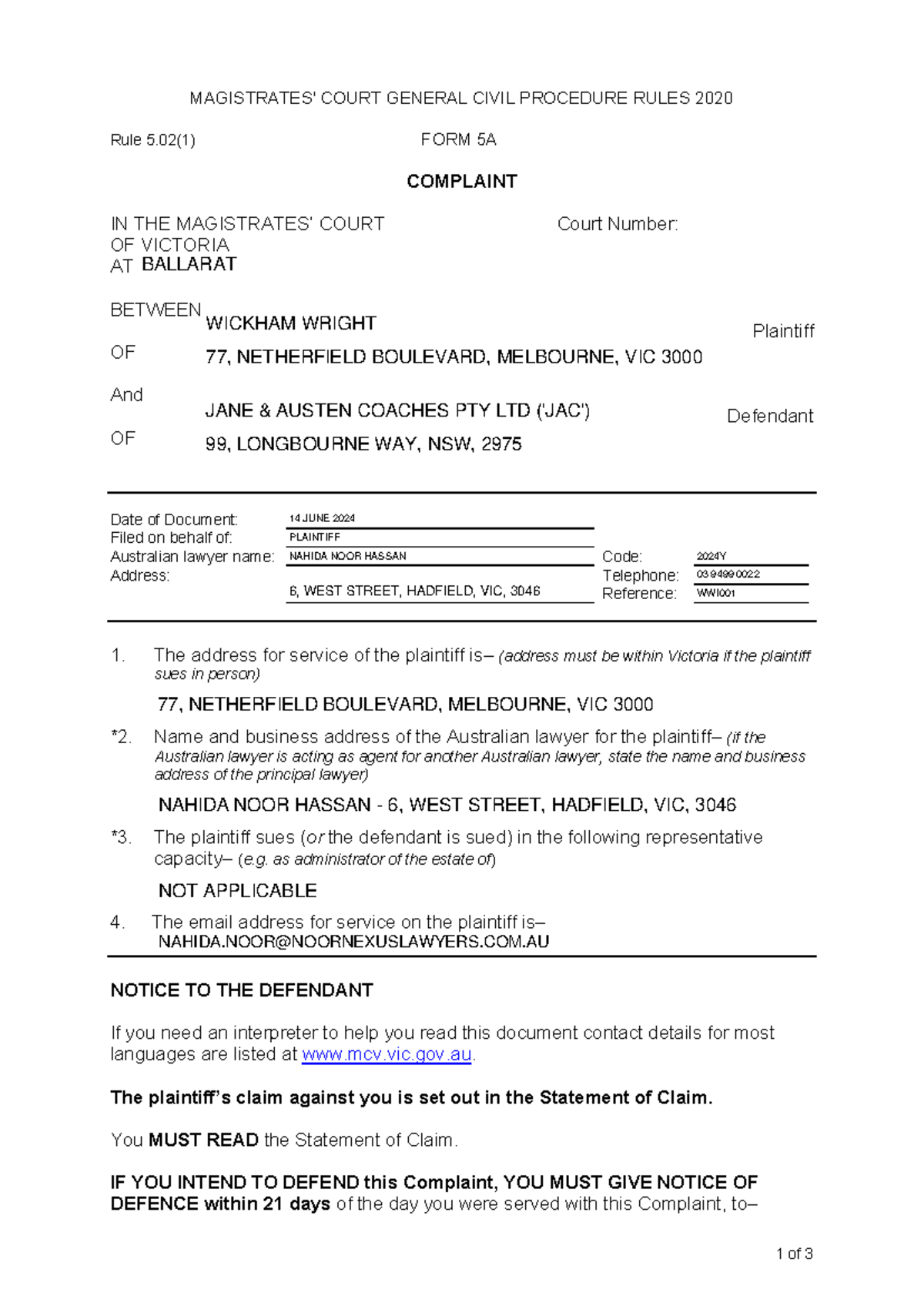 LLW4000 - Nahida Form 5A - Complaint - 1 of 3 MAGISTRATES' COURT ...