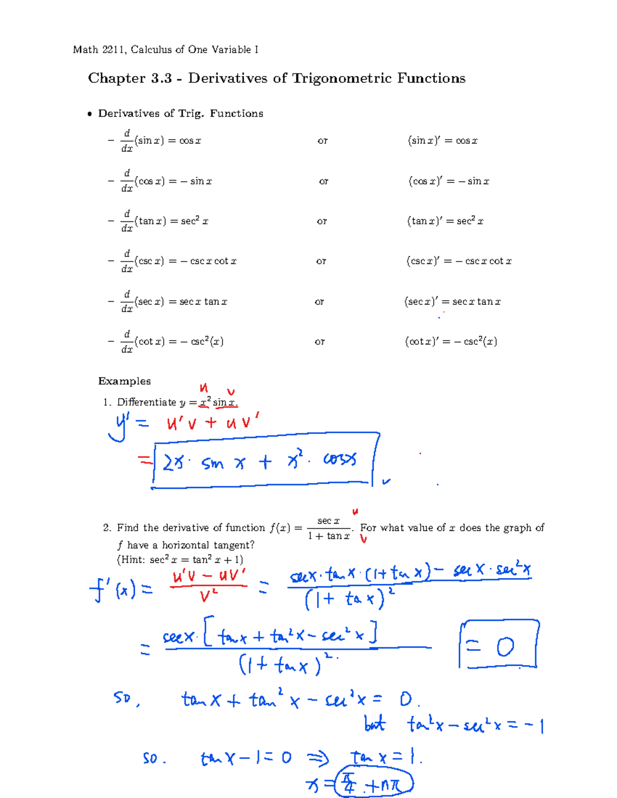 Sol. of Notes 3 - Yang Li - Math 2211, Calculus of One Variable I ...