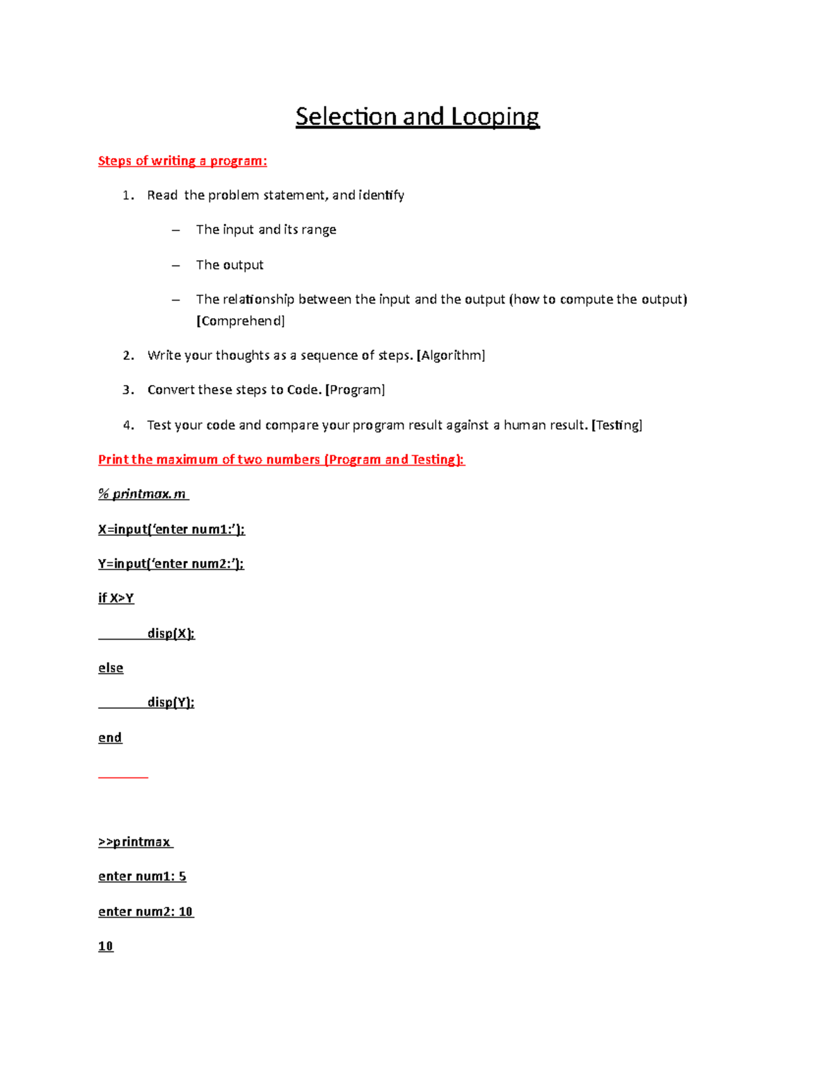 Selection and Looping - Vorlesungsnotizen 1 - Selection and Looping ...