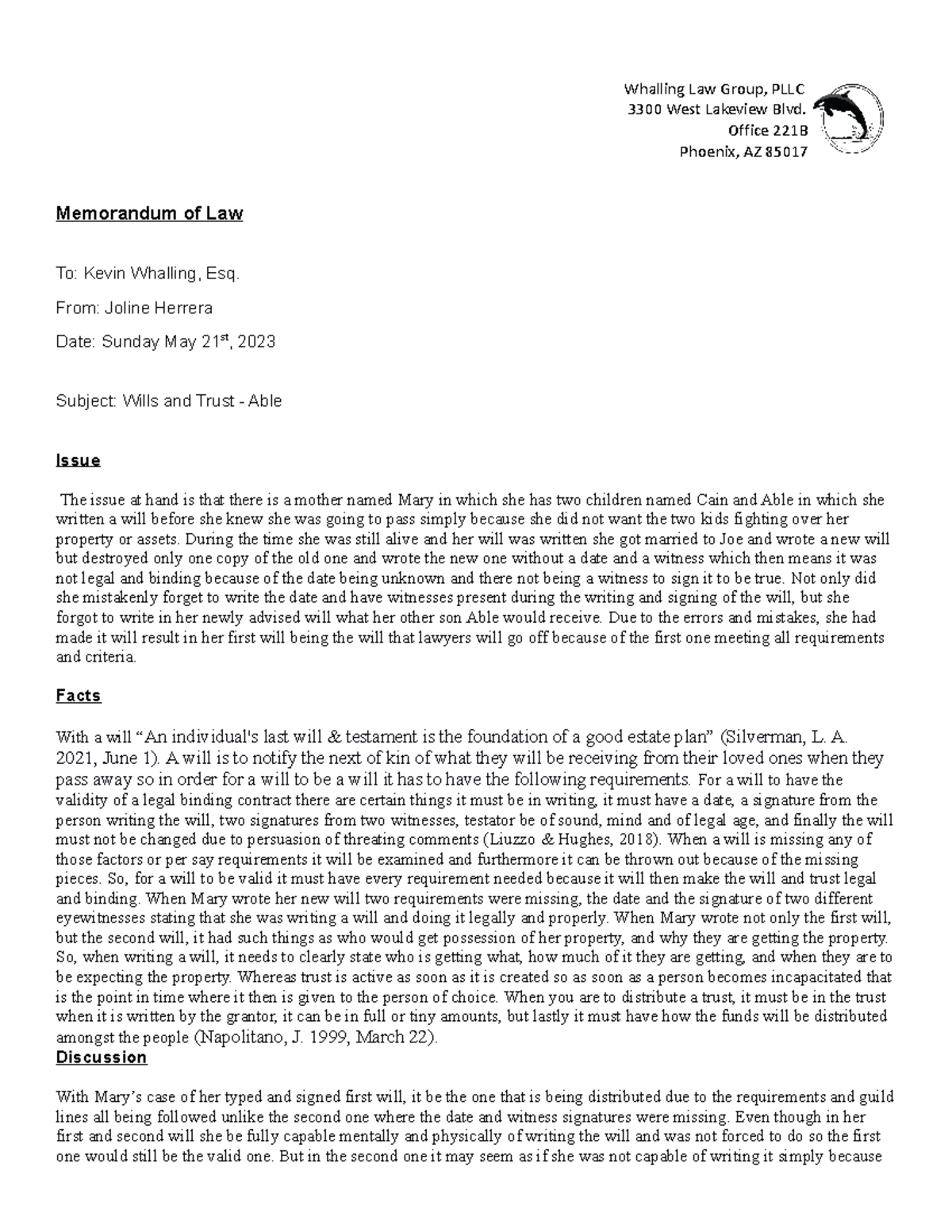 Memorandum of Law Template - Whalling Law Group, PLLC 3300 West ...
