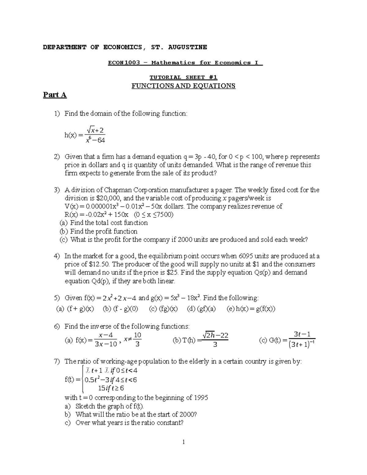 ECON 1003 Tutorial Sheet 1 - Functions - DEPARTMENT OF ECONOMICS, ST. AUGUSTINE ECON1003 – - Studocu