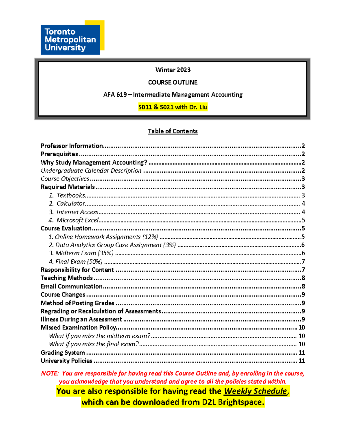 Outline AFA619 W2023 - Practice - COURSE OUTLINE AFA 619 – Intermediate ...