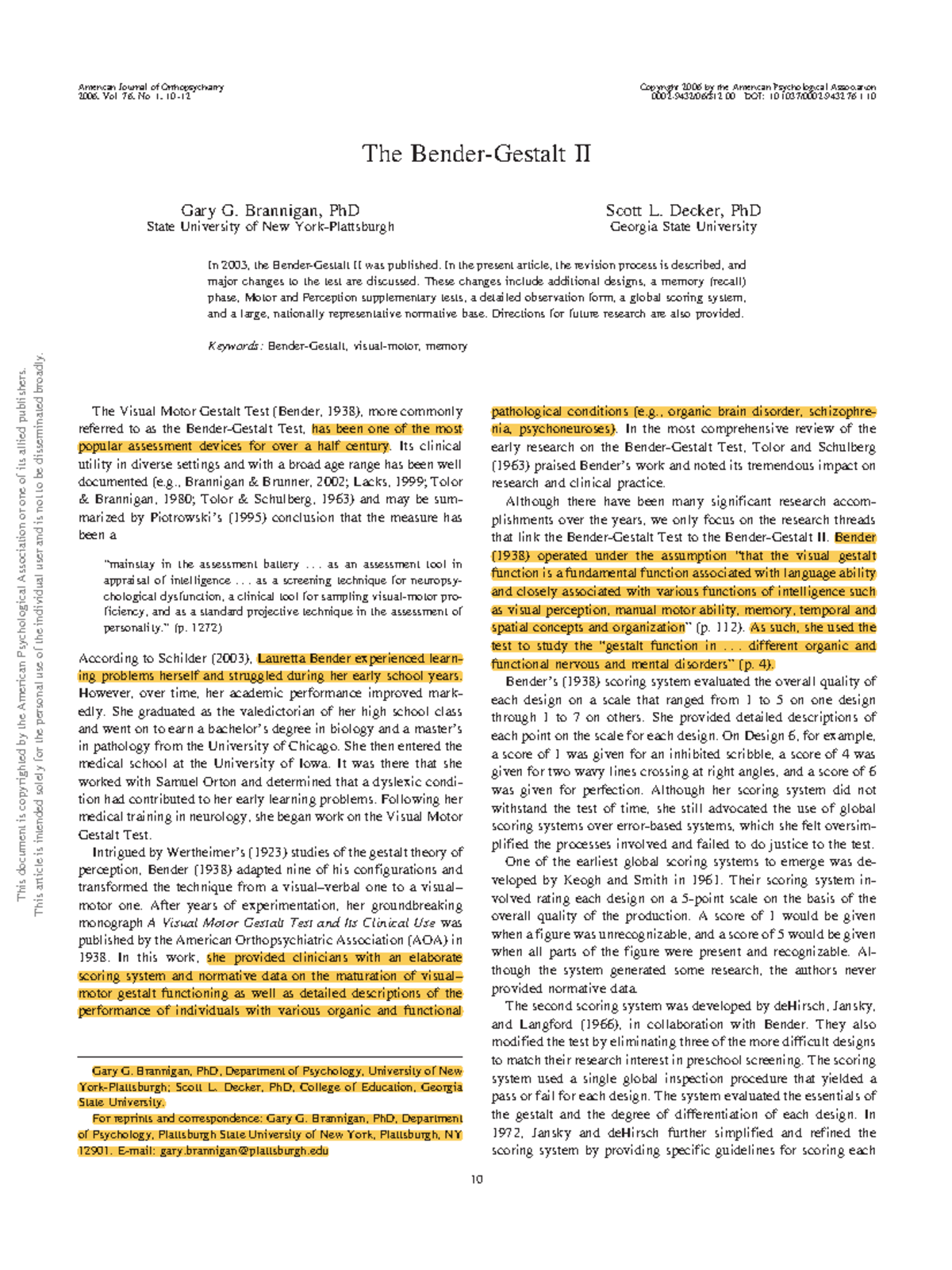The Bender-Gestalt II - Research article - The Bender-Gestalt II Gary G. Brannigan, PhD State ...