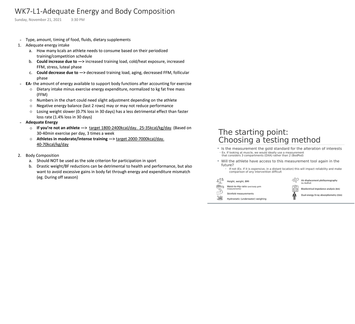 WK7-L1-Adequate Energy and Body Composition - Type, amount, timing of ...