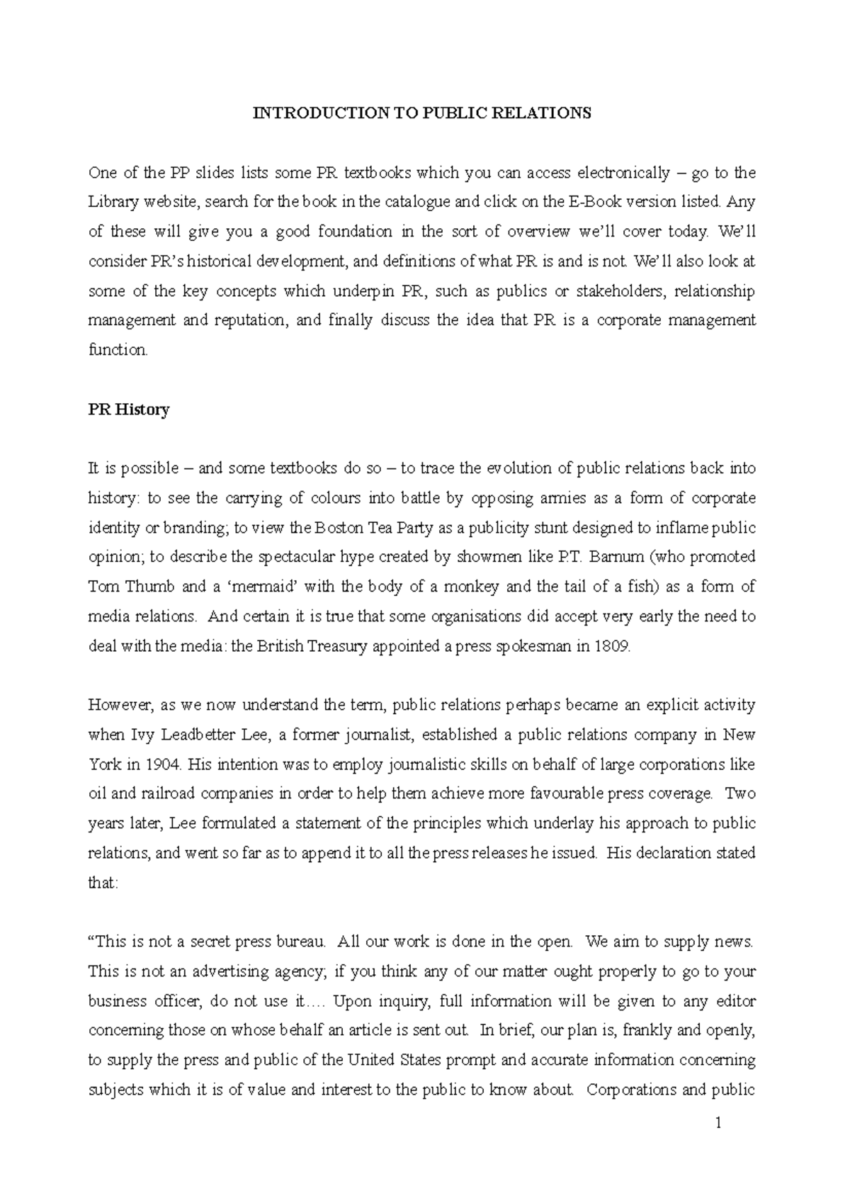 CMM537 Wk1 Intro to PR - Lecture notes - INTRODUCTION TO PUBLIC ...