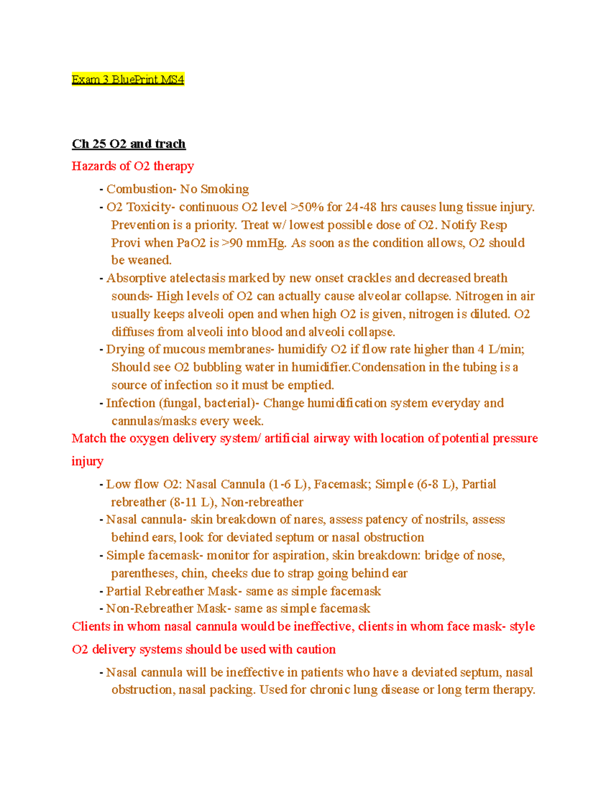 Exam 3 Blue Print MS4 - nice file - Exam 3 BluePrint MS Ch 25 O2 and ...