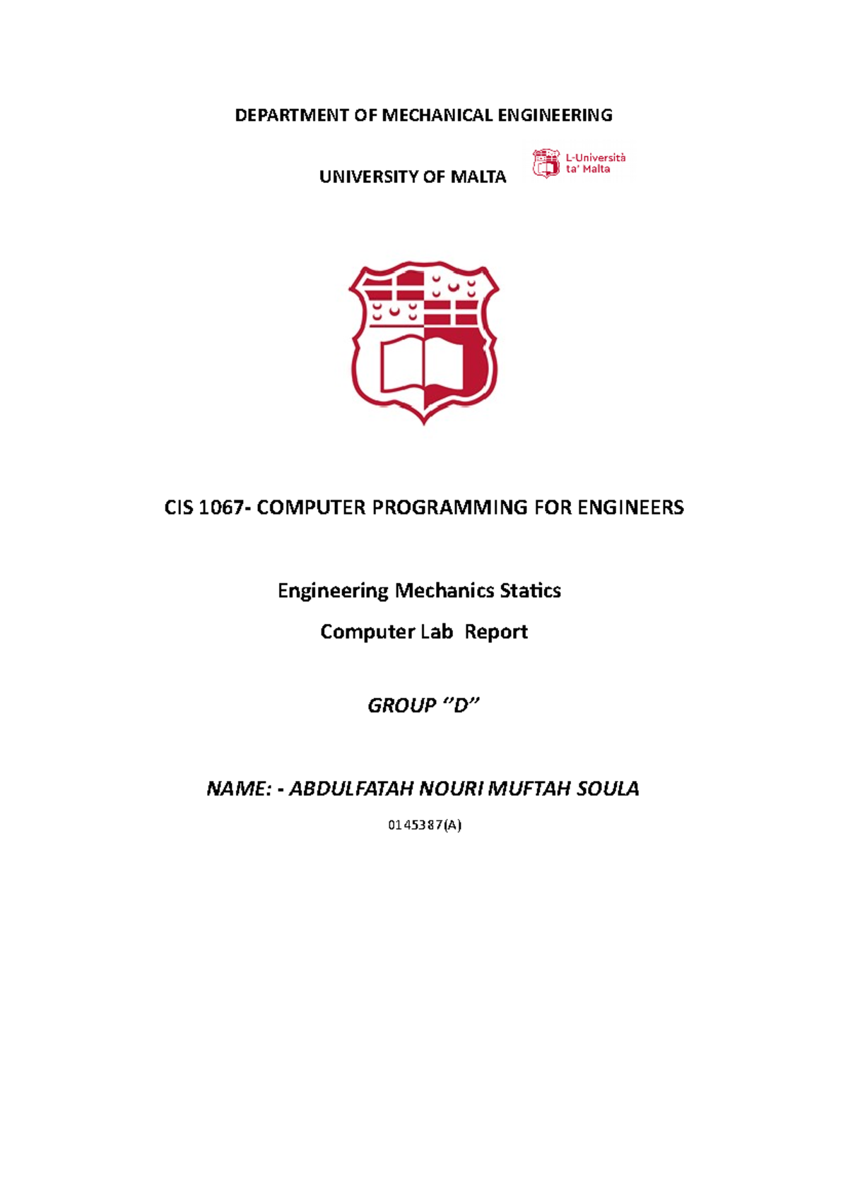 Computer lab 6 - lab - DEPARTMENT OF MECHANICAL ENGINEERING UNIVERSITY ...