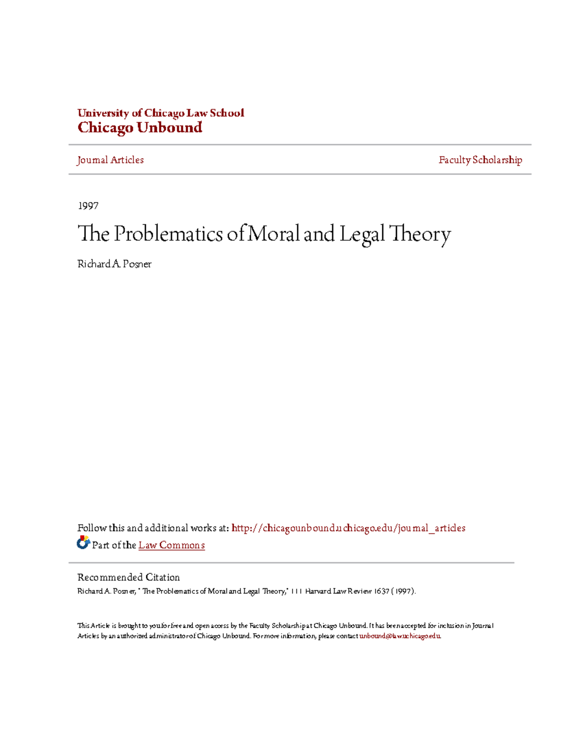 R. Posner. The Problematics of Moral and Legal Theory - University of ...