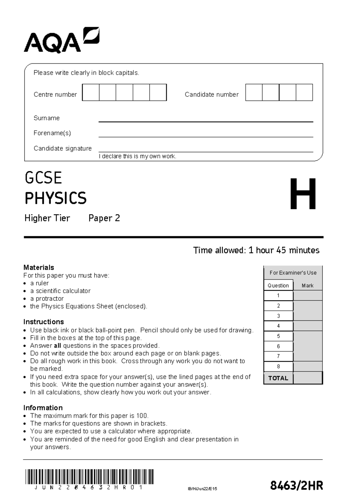 AQA GCSE Physics Higher Paper 2 June 2022 - JUN2284632HR01 IB/H/Jun22 ...