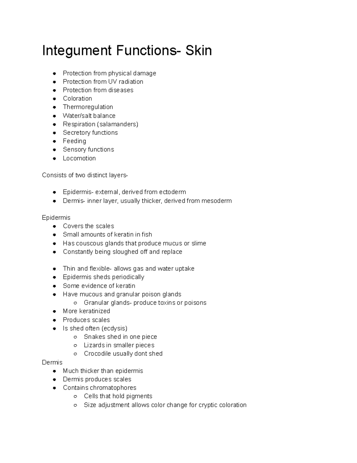 Vert Bio Exam Notes 2 - Integument Functions- Skin Protection from ...