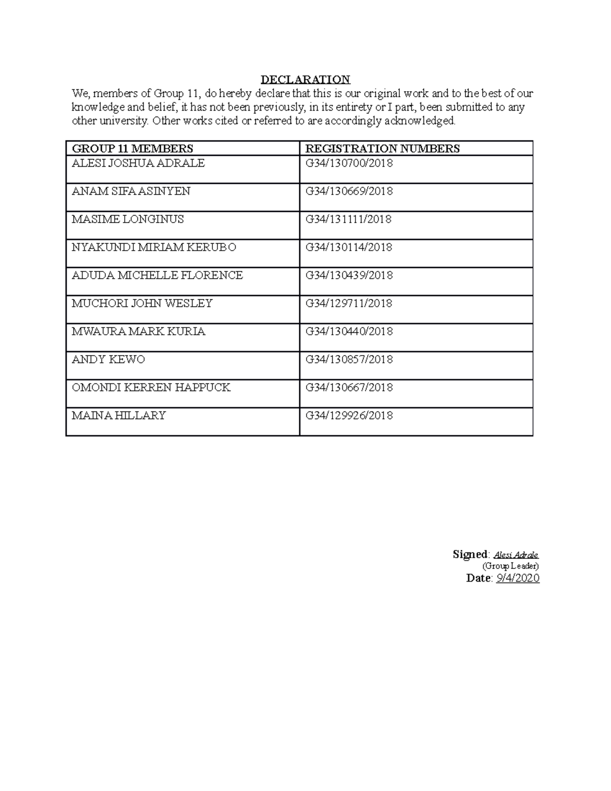 TDRM Group 11 - ADR - DECLARATION We, members of Group 11, do hereby ...
