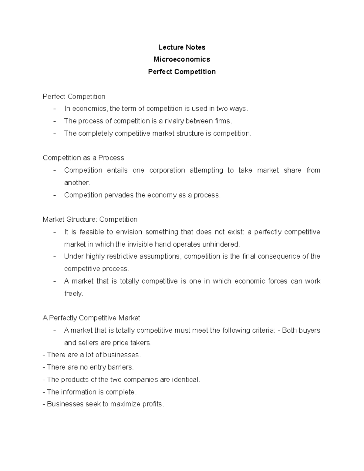 Lecture Notes Perfect Competition - Lecture Notes Microeconomics ...