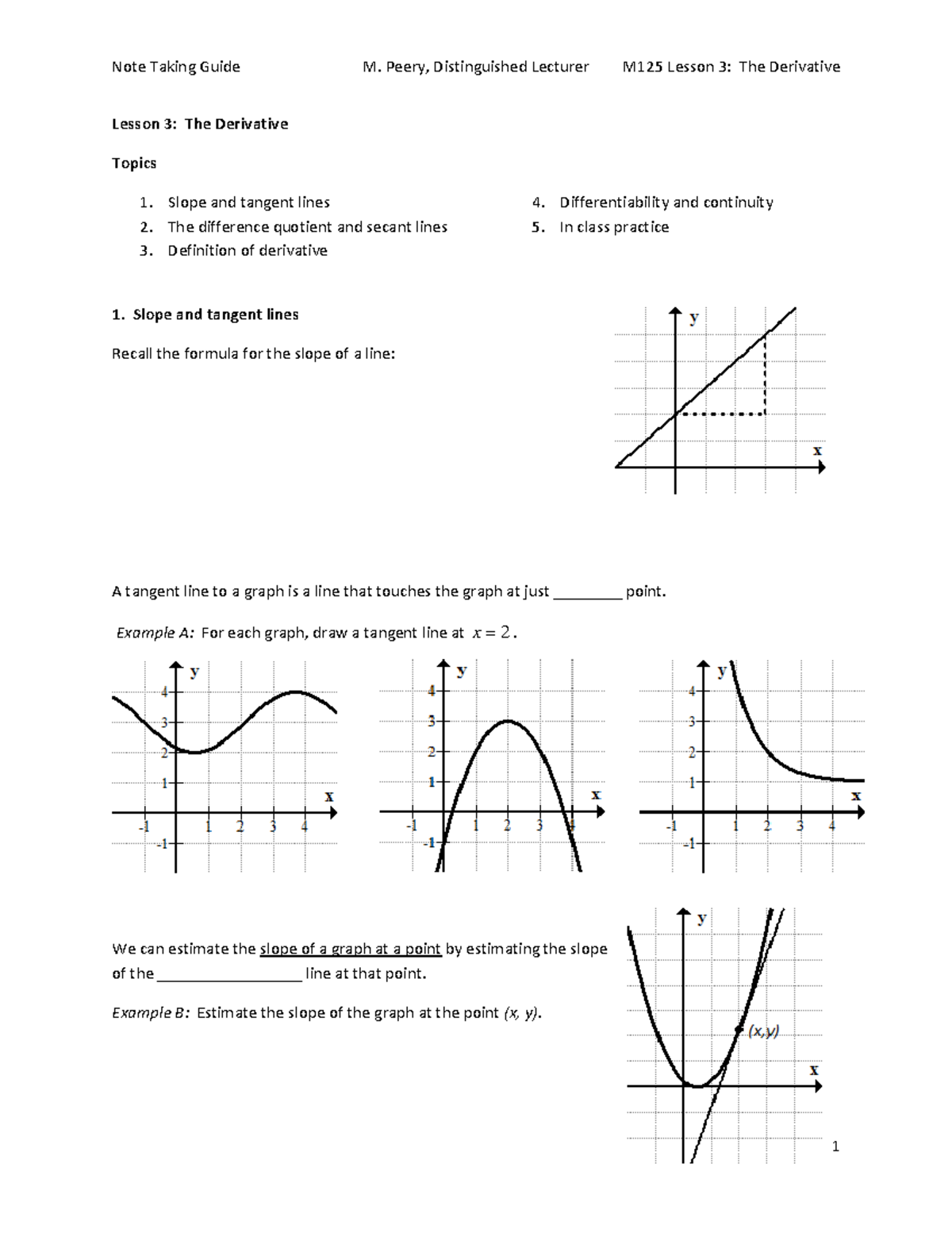 L3 The Derivative - Lesson 3 - Lesson 3: The Derivative Topics Slope ...