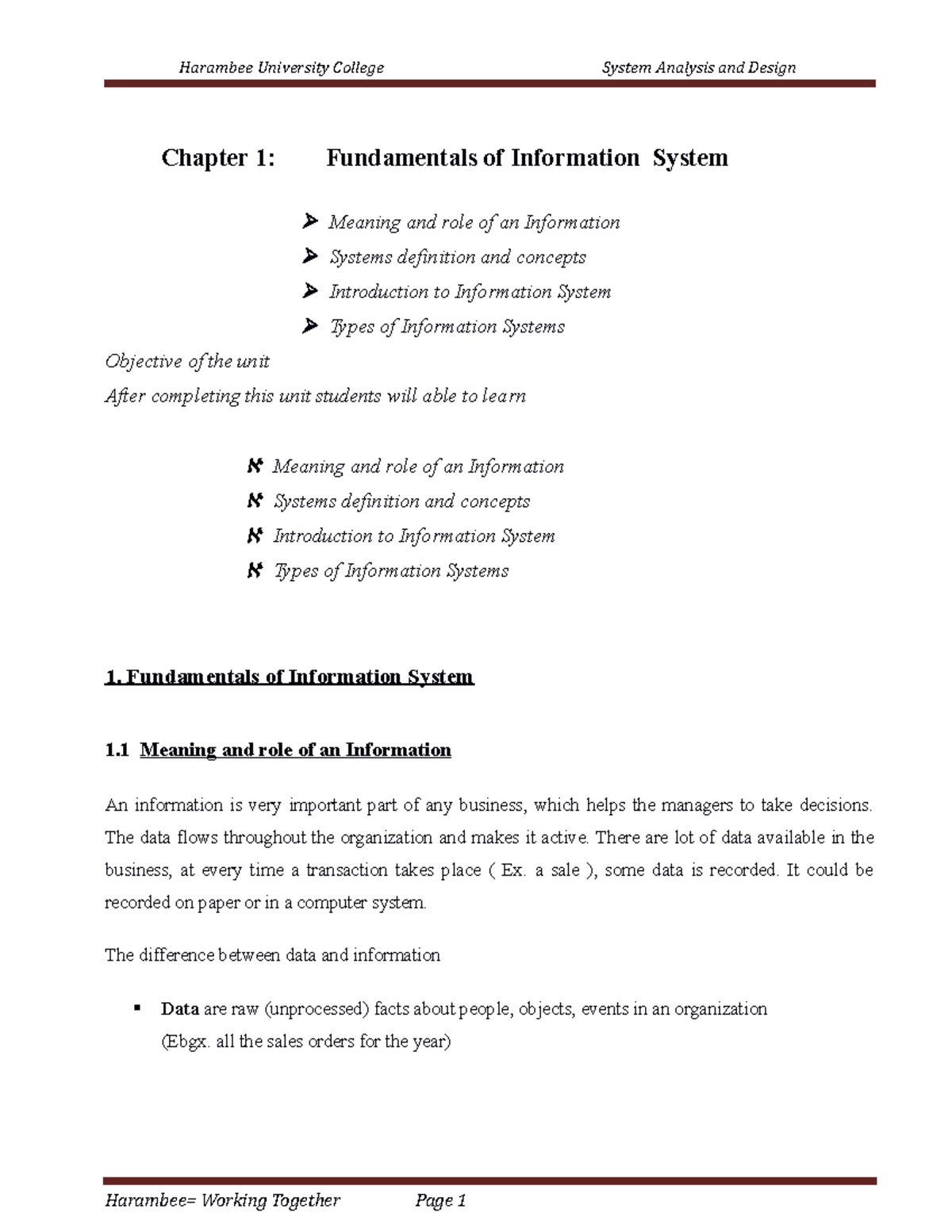 System Analysis & Design Module - Chapter 1: Fundamentals of Information System Meaning and role ...