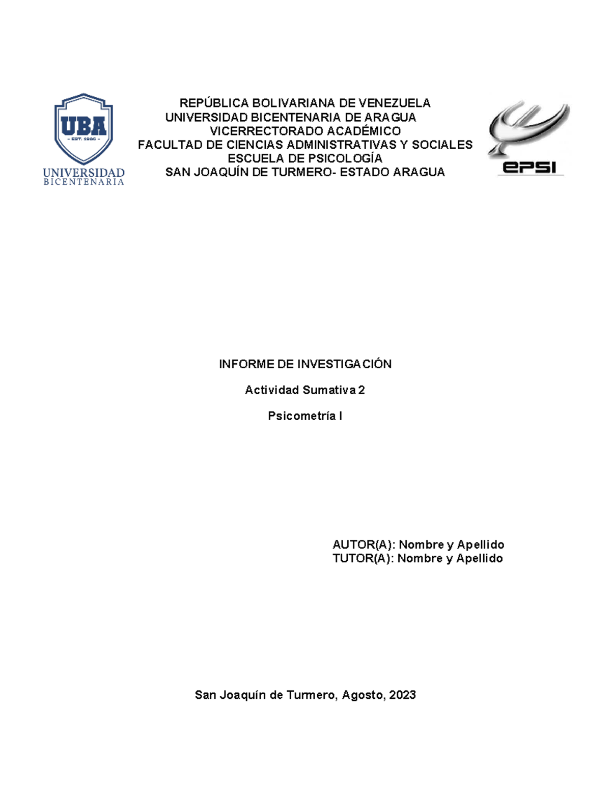 Modelo DE Portada - Psicologia - REPÚBLICA BOLIVARIANA DE VENEZUELA ...