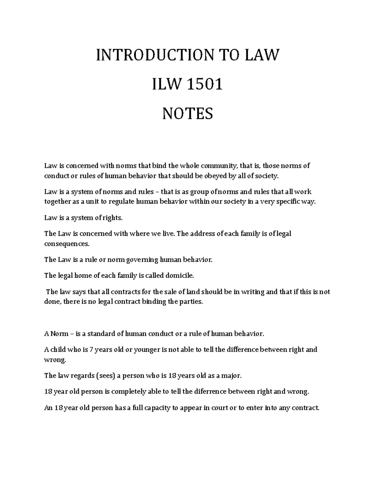 Introduction TO LAW 1501 2022 semester notes - INTRODUCTION TO LAW ILW ...