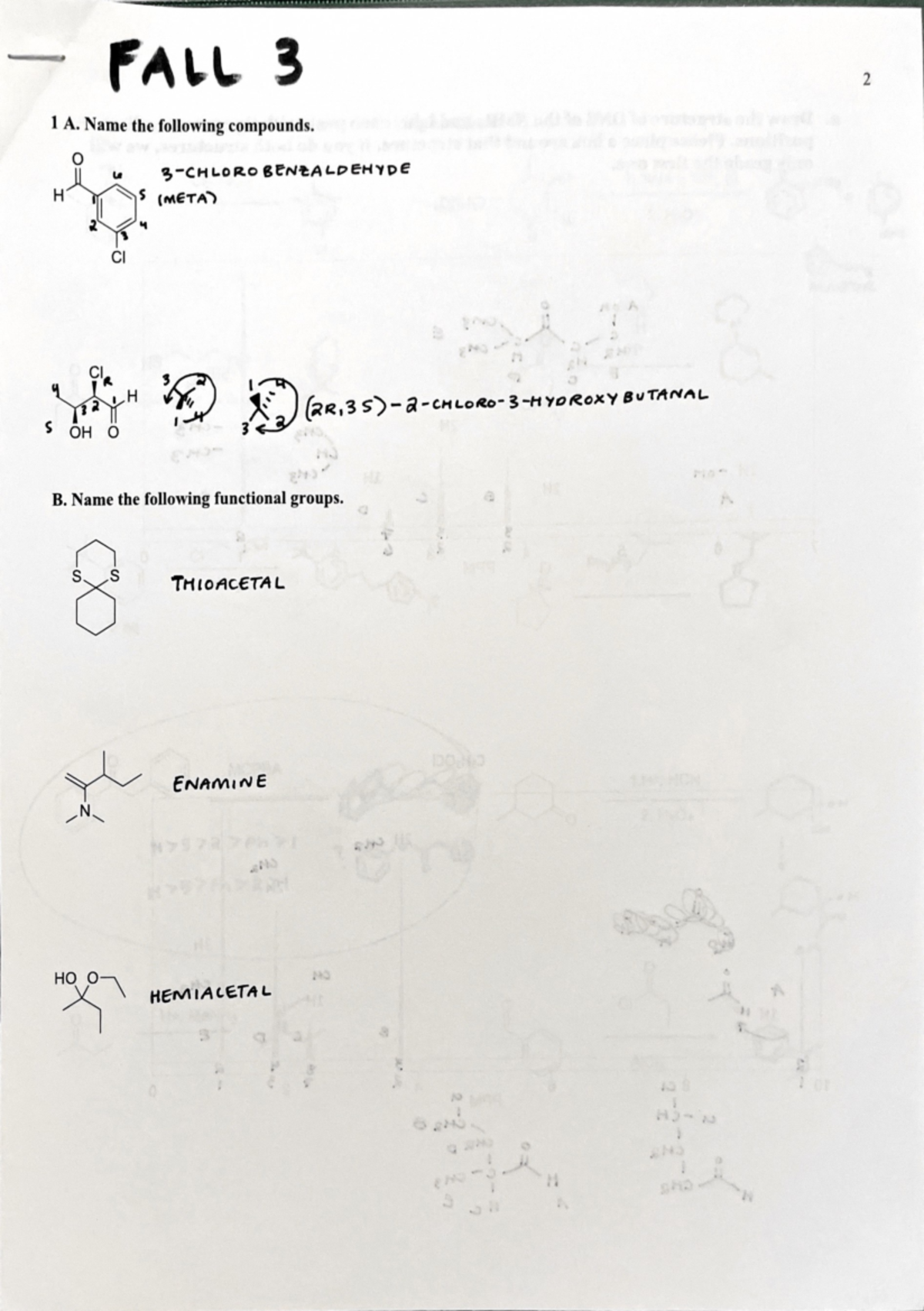 UNL CHEM 252-FALL EXAM 3 - — FAL 3 1 A. Name the following compounds. 0 ...