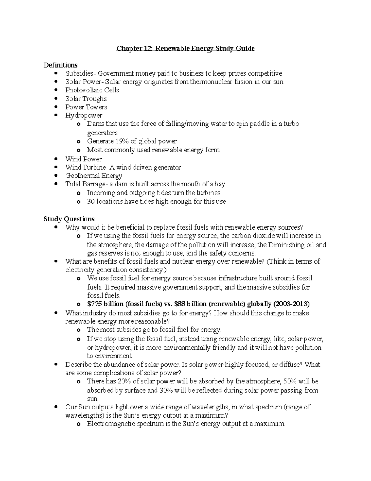 Lecture 12 Renewable Energy Study Guide - Chapter 12: Renewable Energy ...