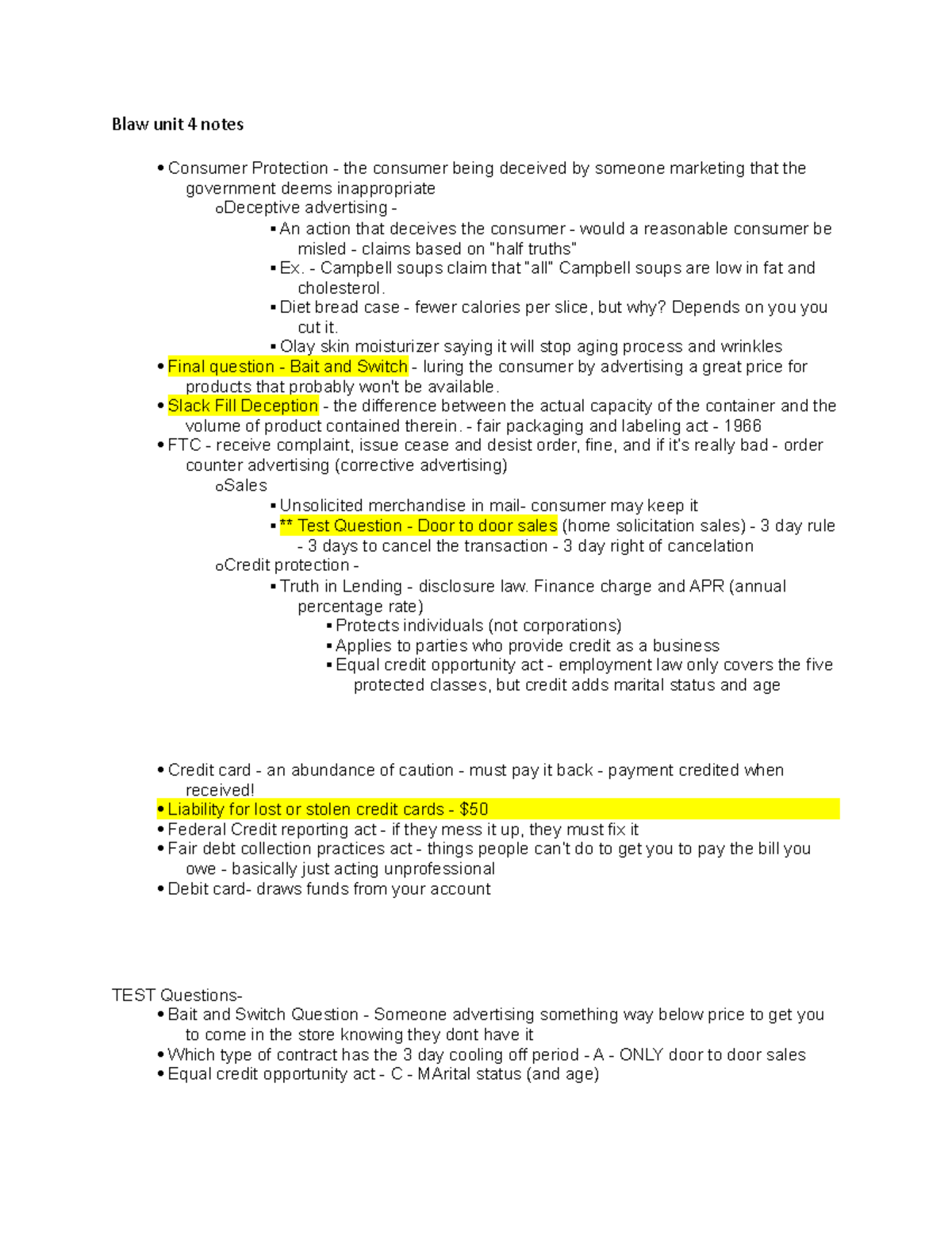 Blaw unit 4 notes - Blaw unit 4 notes Consumer Protection - the ...