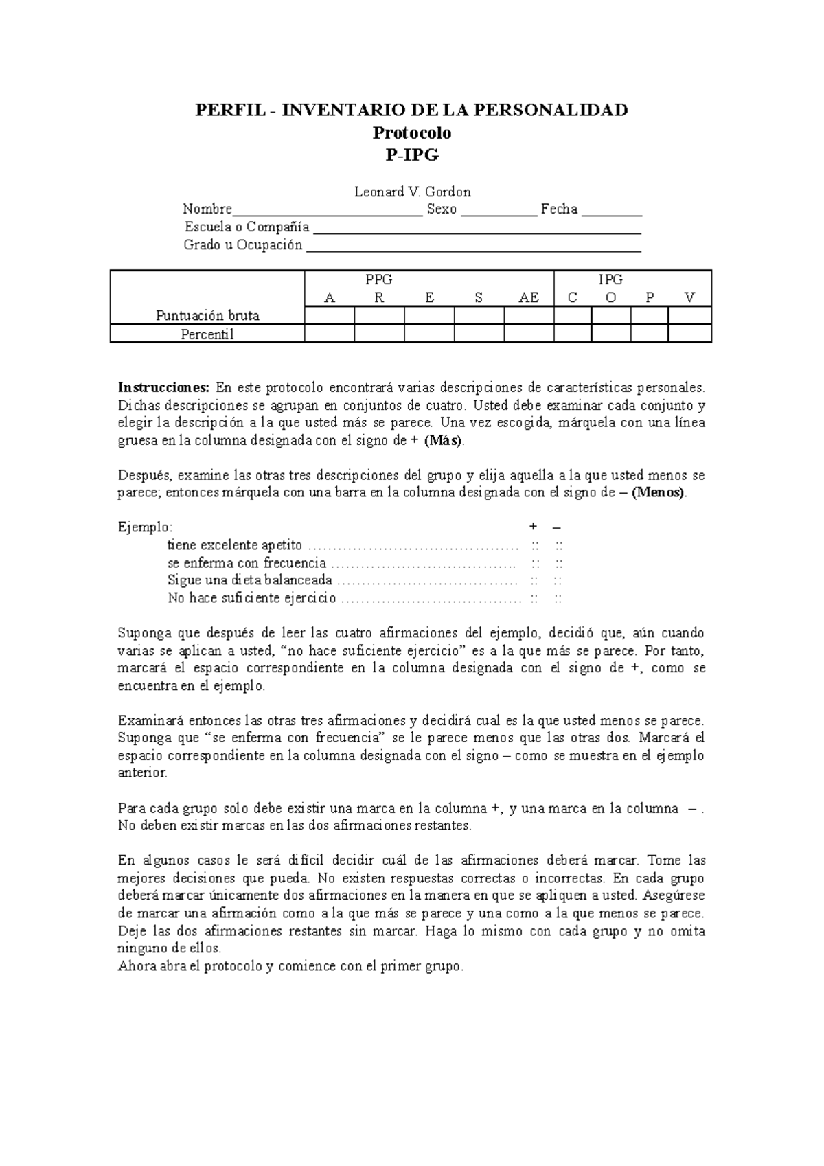 TEST DE Gordon - PERFIL - INVENTARIO DE LA PERSONALIDAD Protocolo P-IPG ...