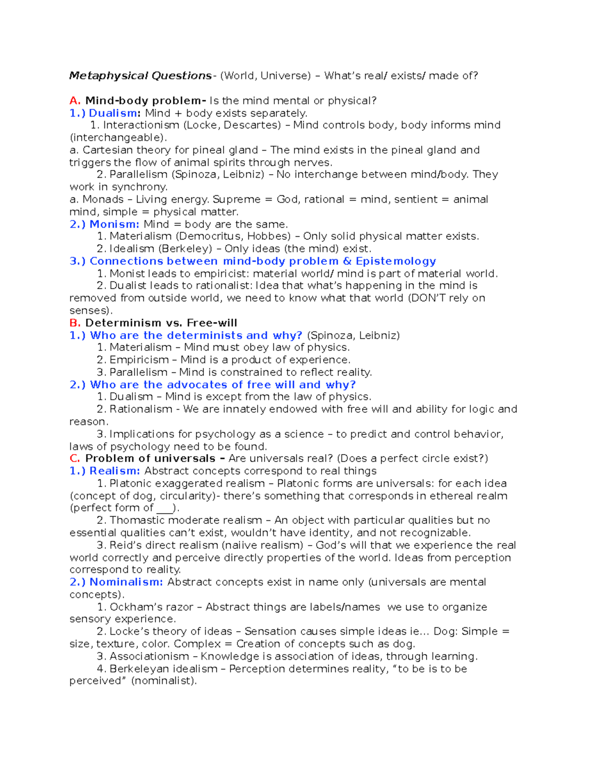 Exam 1 review PSY4604 - Metaphysical Questions- (World, Universe ...