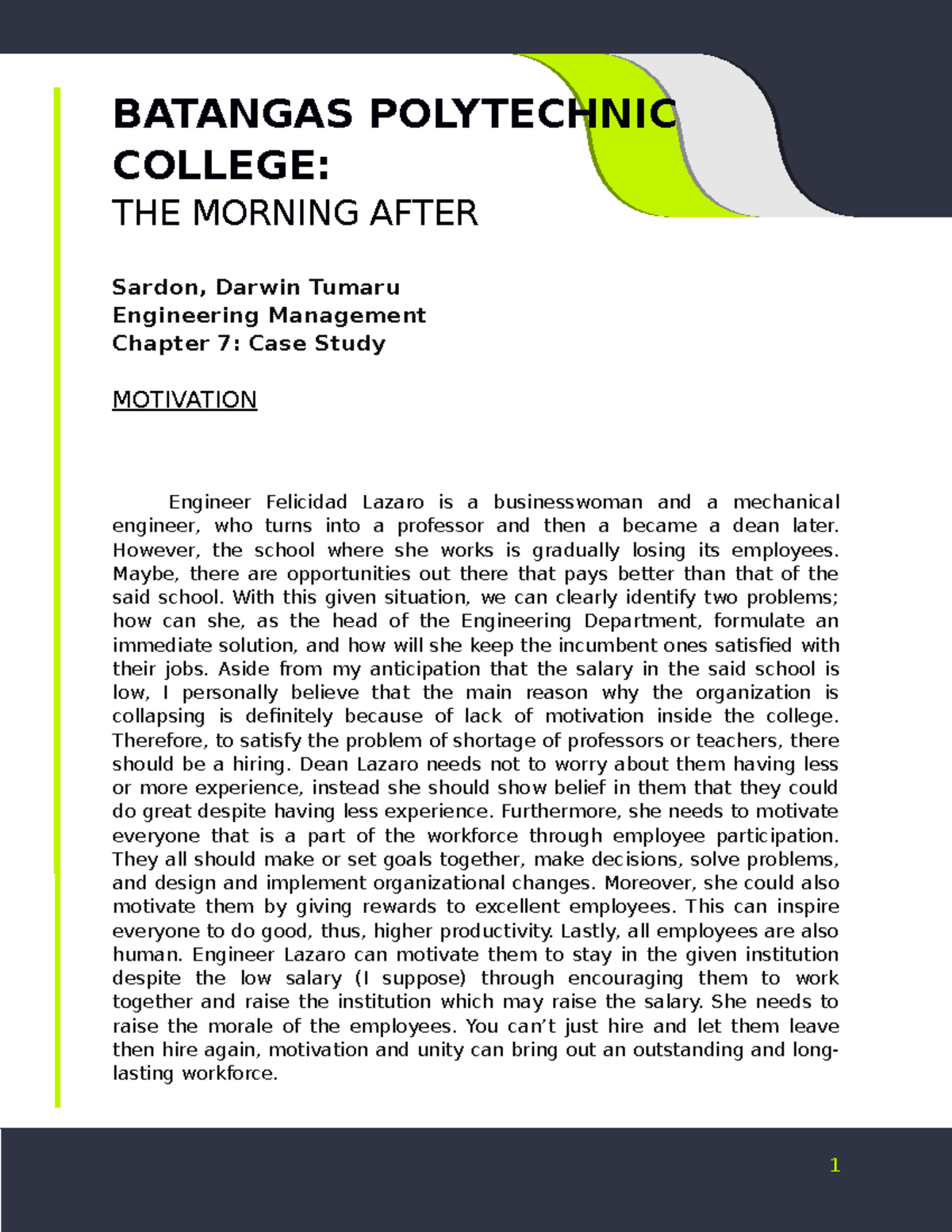 Engineering Management Chapter 7 and 8 Case Study - BATANGAS ...