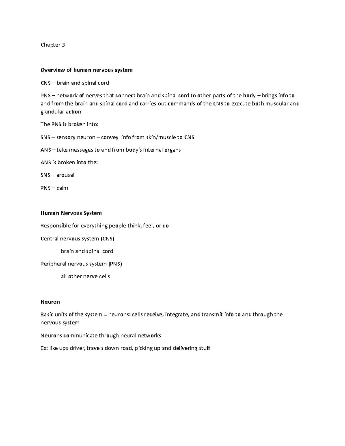 PSY 2012 Chapter 3 notes - Chapter 3 Overview of human nervous system ...
