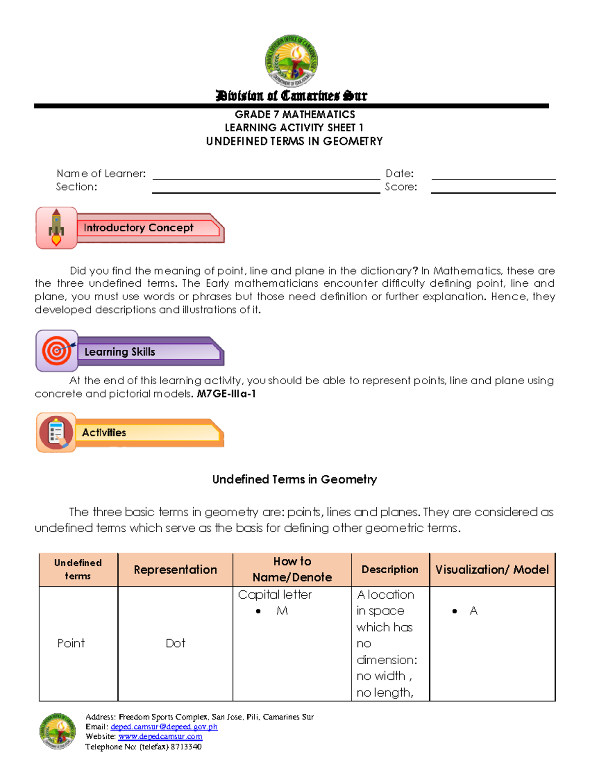 Q3-MATH7-LAS1 - ####### Address: Freedom Sports Complex, San Jose, Pili ...