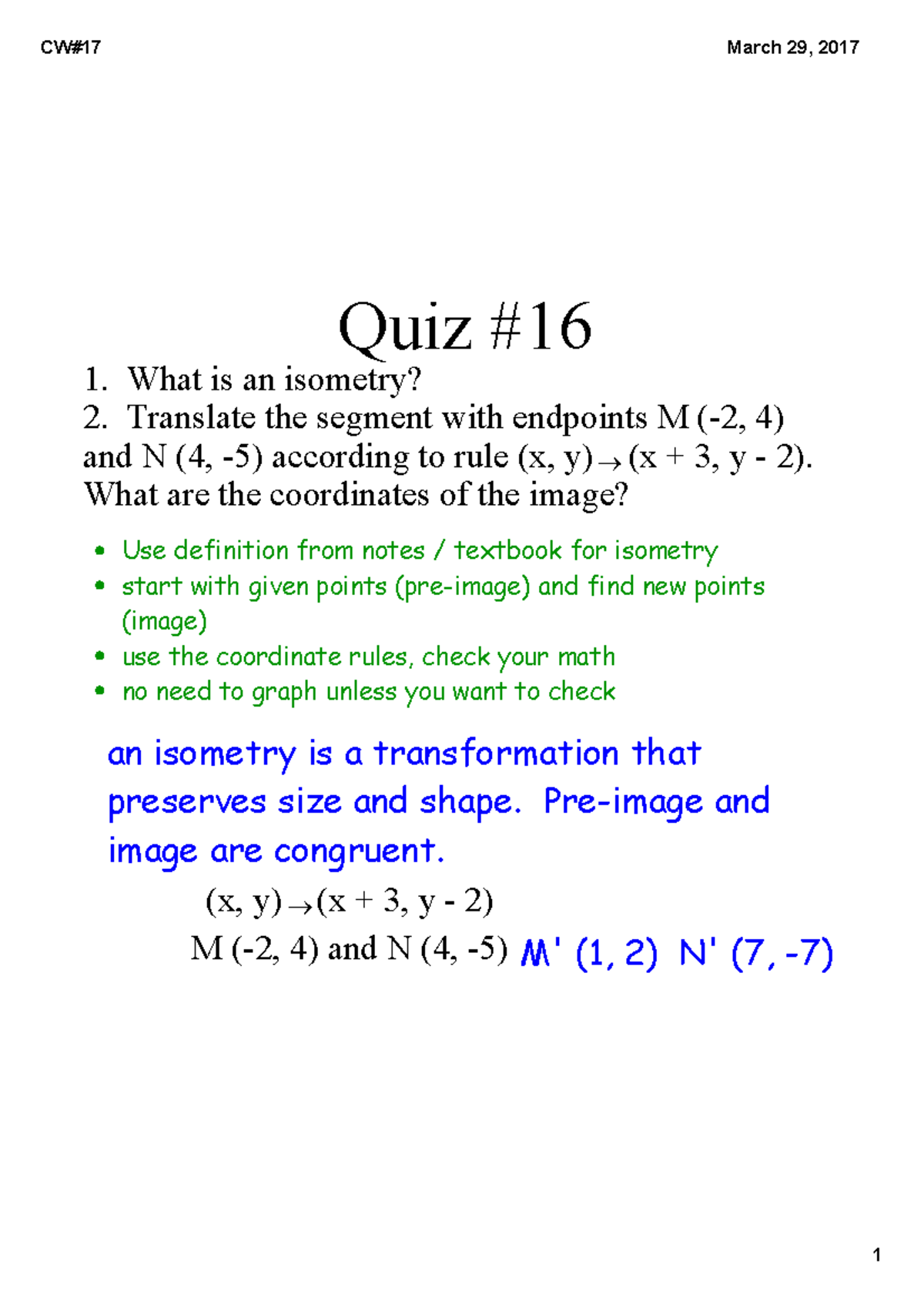 CW#17 3 - Very helpful sources to study - Quiz # 1. What is an isometry ...