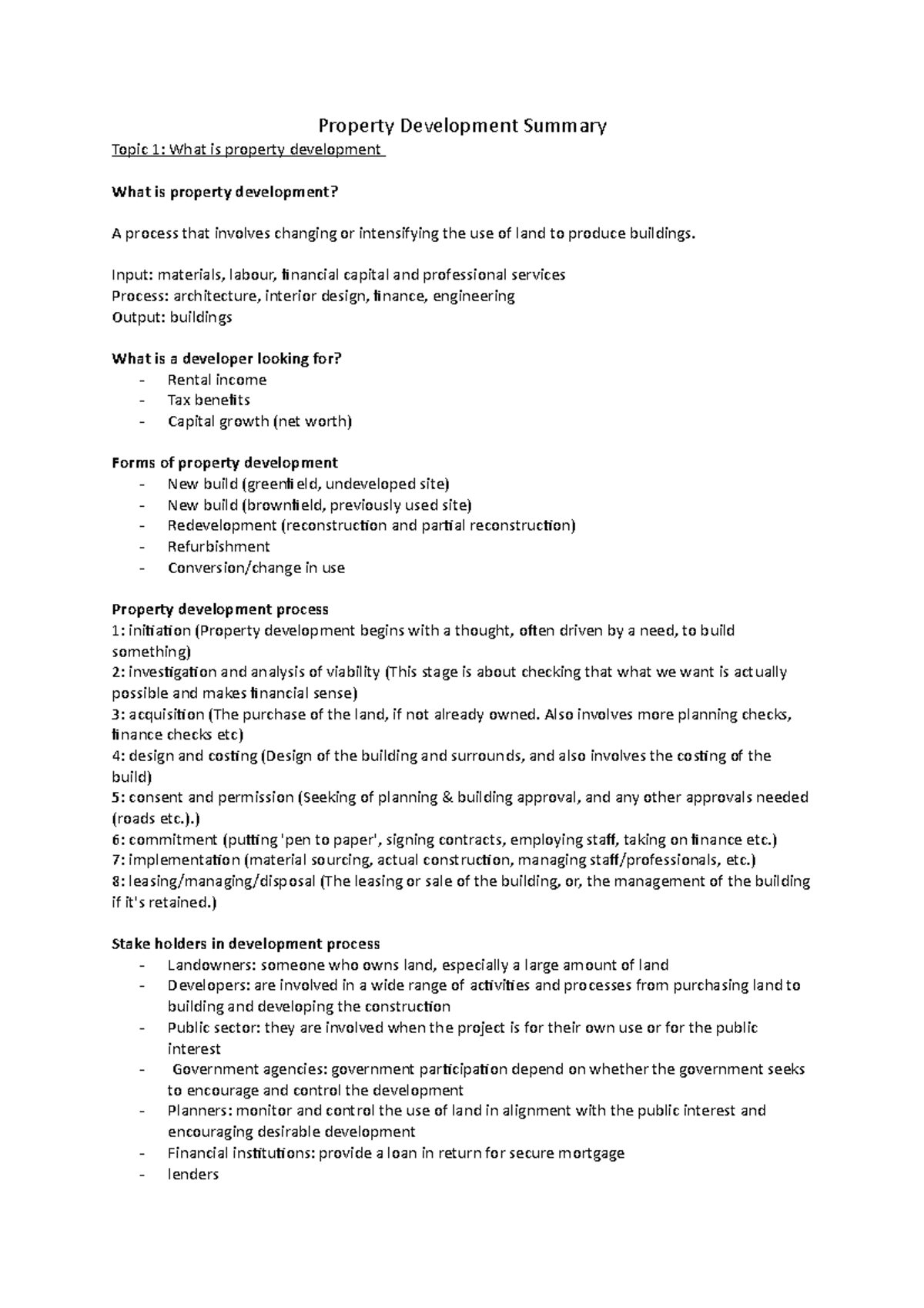 Introduction to Property Development Summary - Property Development ...