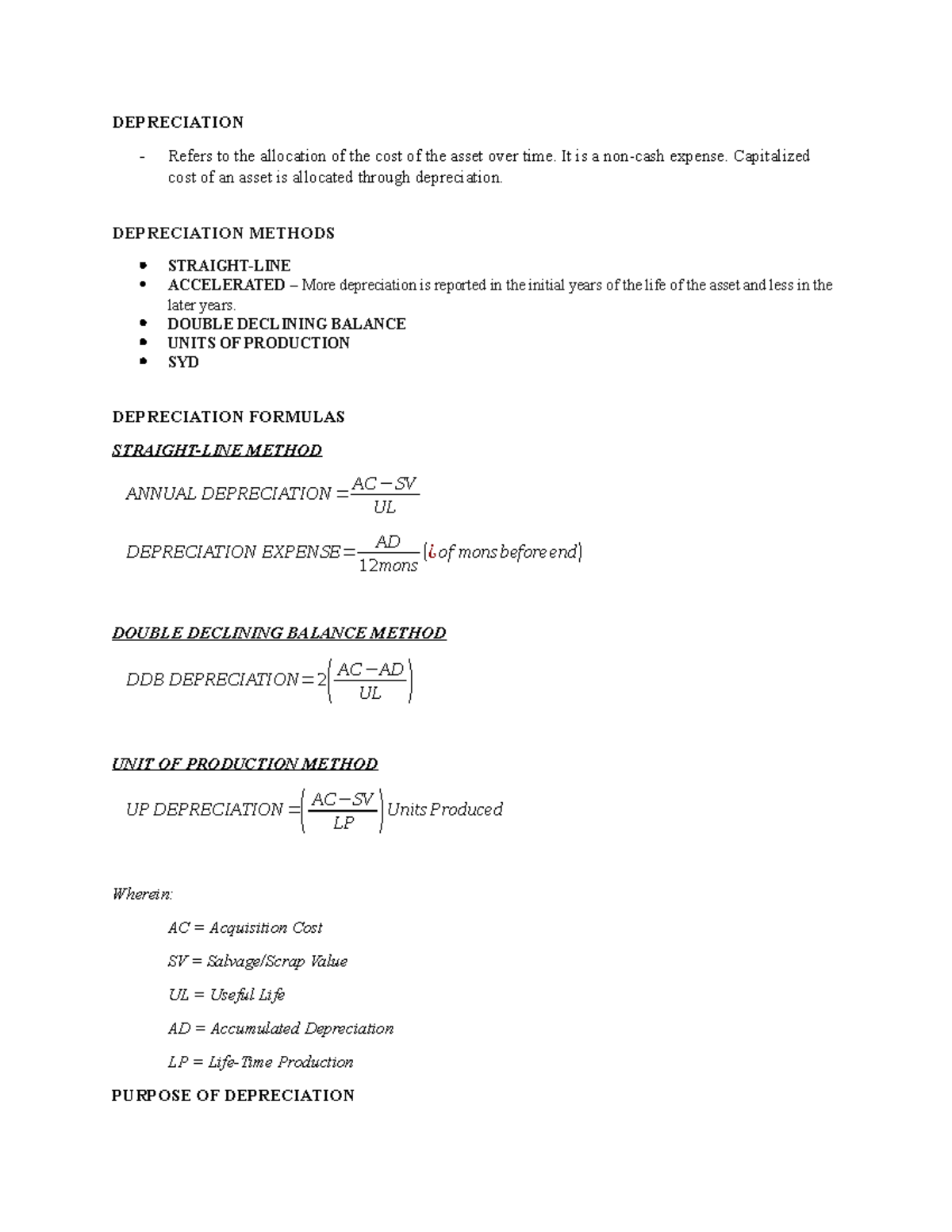 Depreciation Formulas notes - DEPRECIATION - Refers to the allocation ...