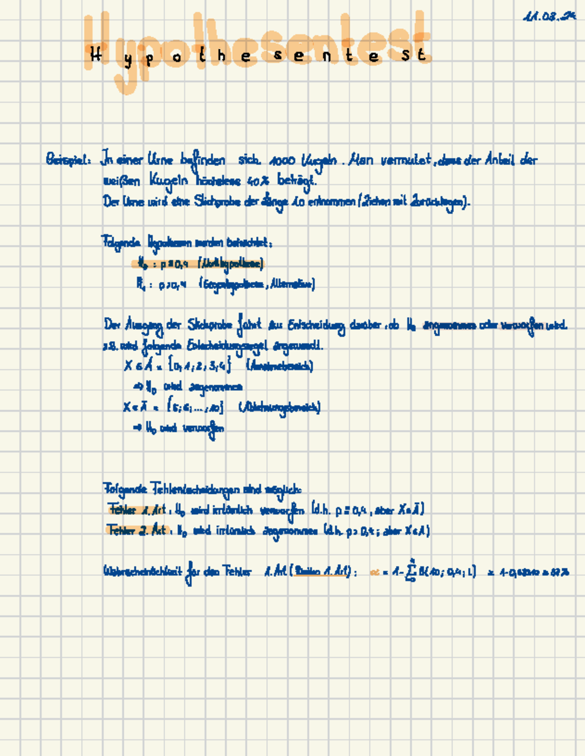 Mathe 12 - Sommersemester - 24 Hypothesen + est Beispiel : In einer ...