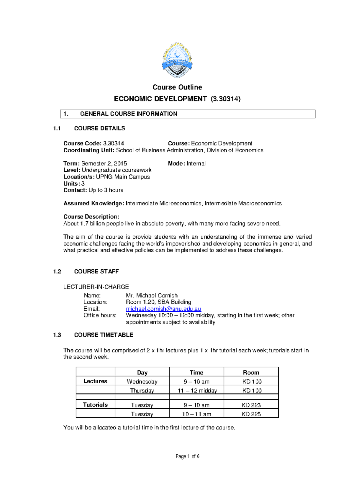 Course Outline UPNG Economic Development - Course Outline ECONOMIC ...
