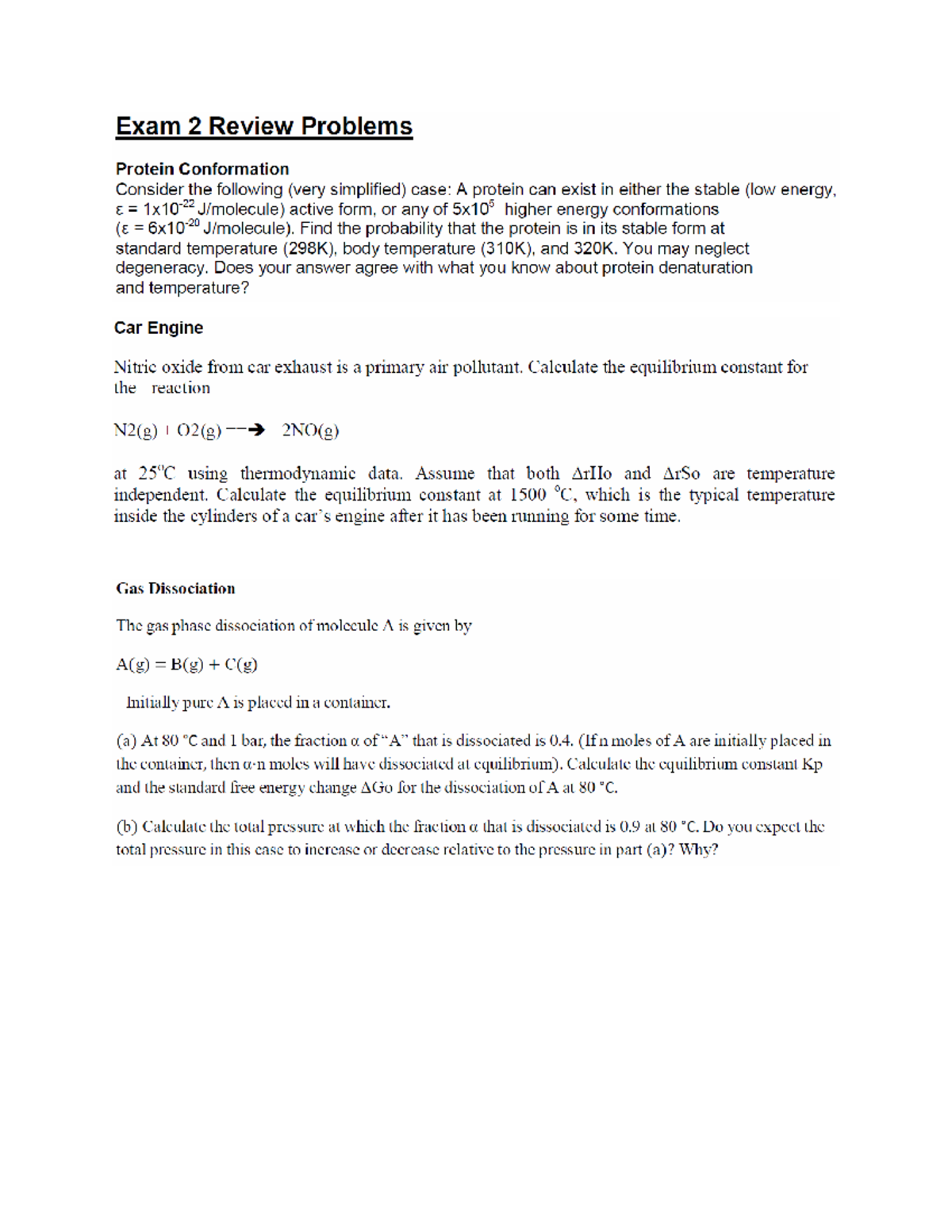 Exam 2 Practice Problems - Exam 2 Review Problems Protein Conformation ...