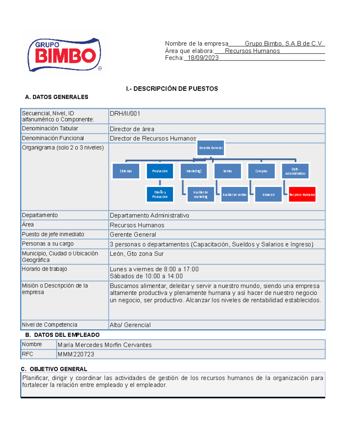 Descripcion y perfil RH - Nombre de la empresa Grupo Bimbo, S.A de C. Área que elabora: Recursos ...
