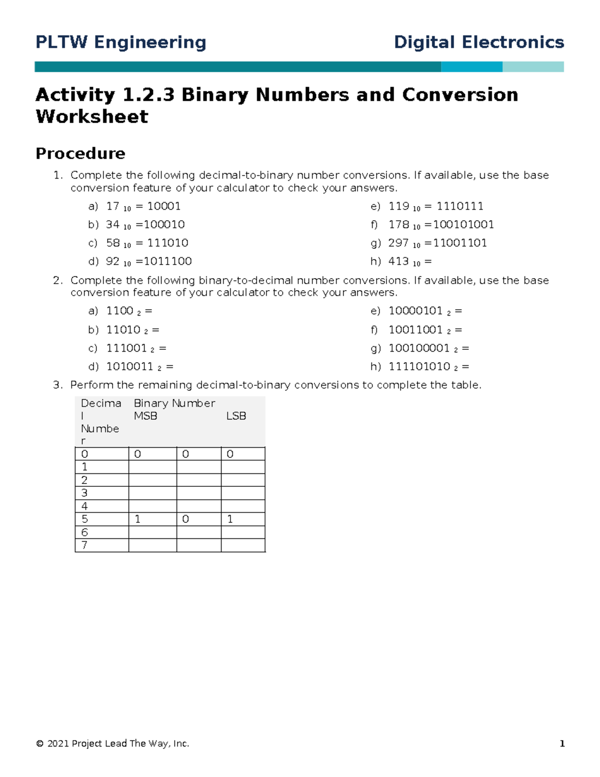 De 123 Teacher Binary Number Conversion Worksheet 12 - PLTW Engineering ...