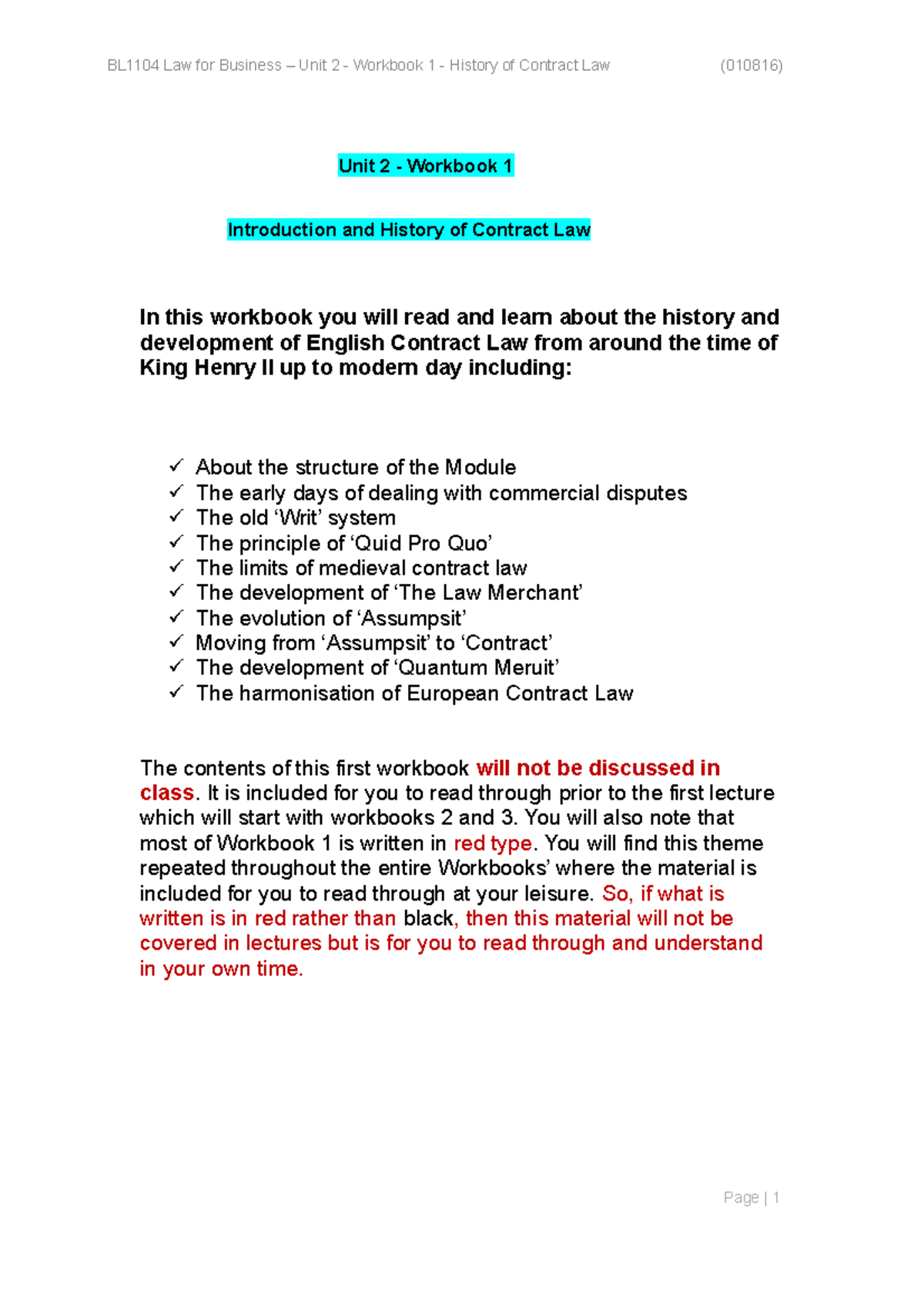 Unit 2 Workbook 1 Contract History - Unit 2 - Workbook 1 Introduction ...