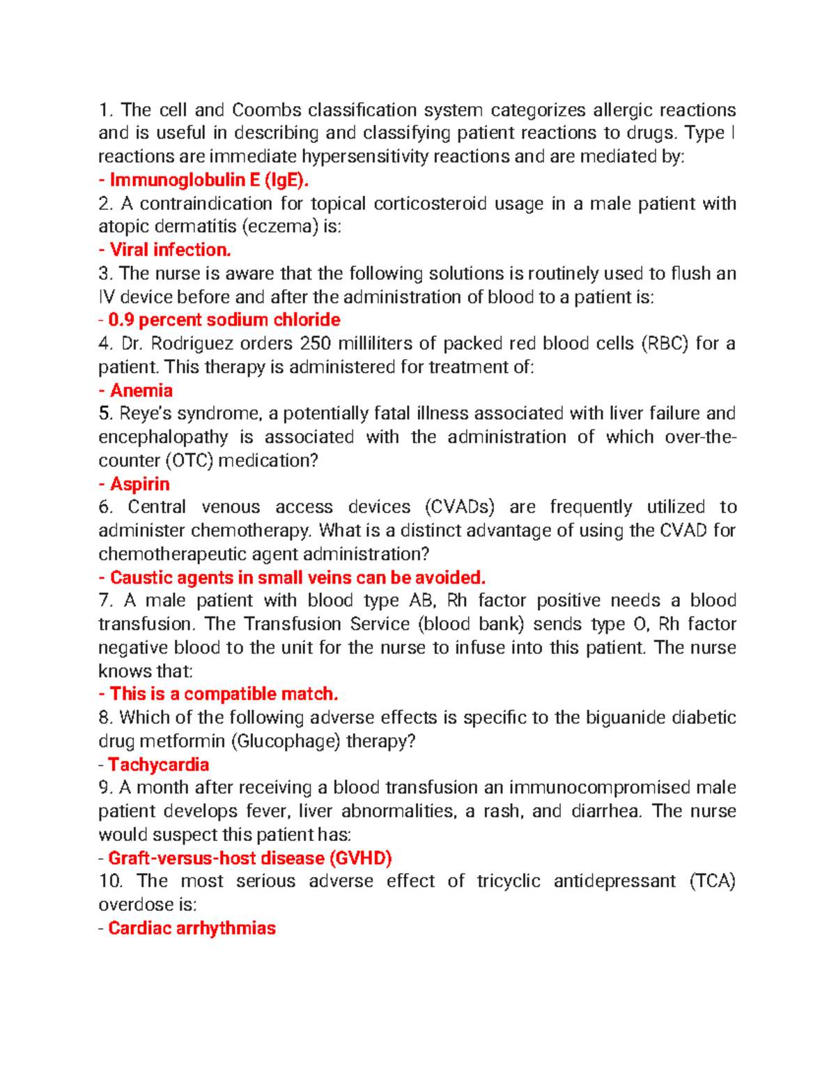 Pharmacology Review - The cell and Coombs classification system categorizes allergic reactions ...