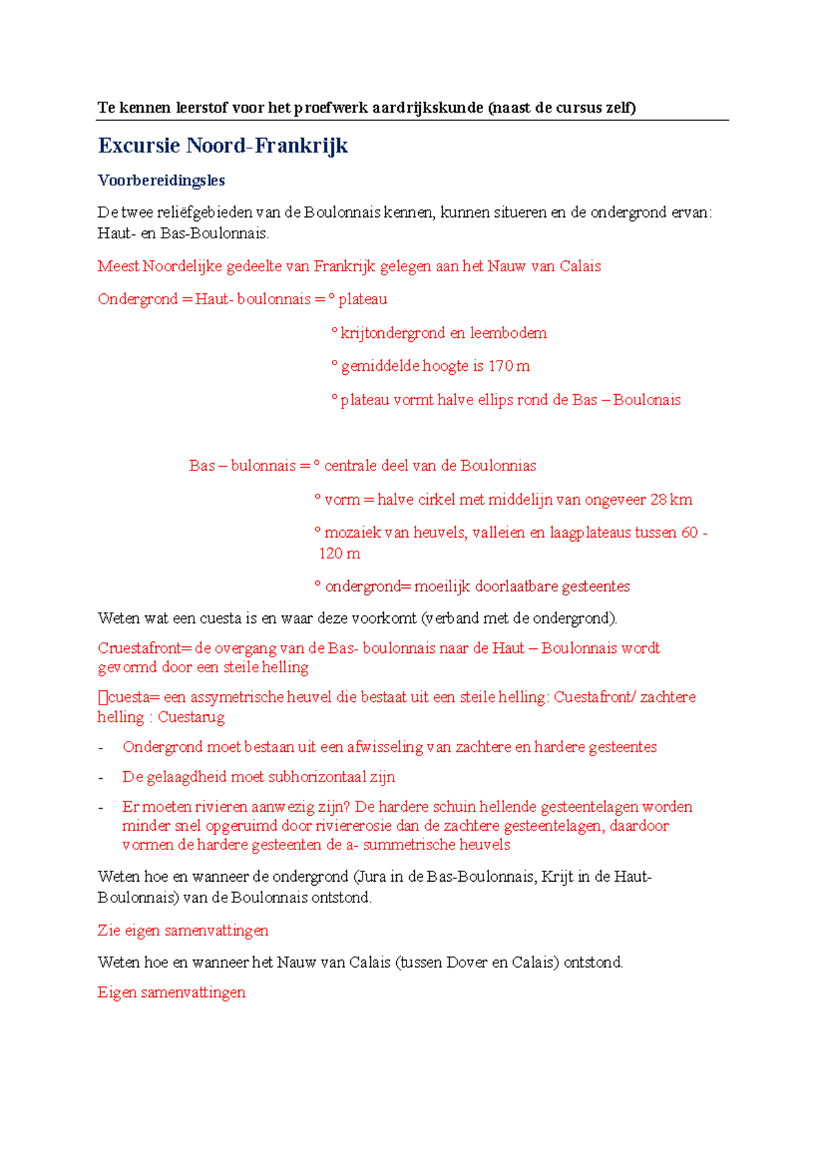 Te kennen excursie 6ASO - Te kennen leerstof voor het proefwerk aardrijkskunde (naast de cursus ...